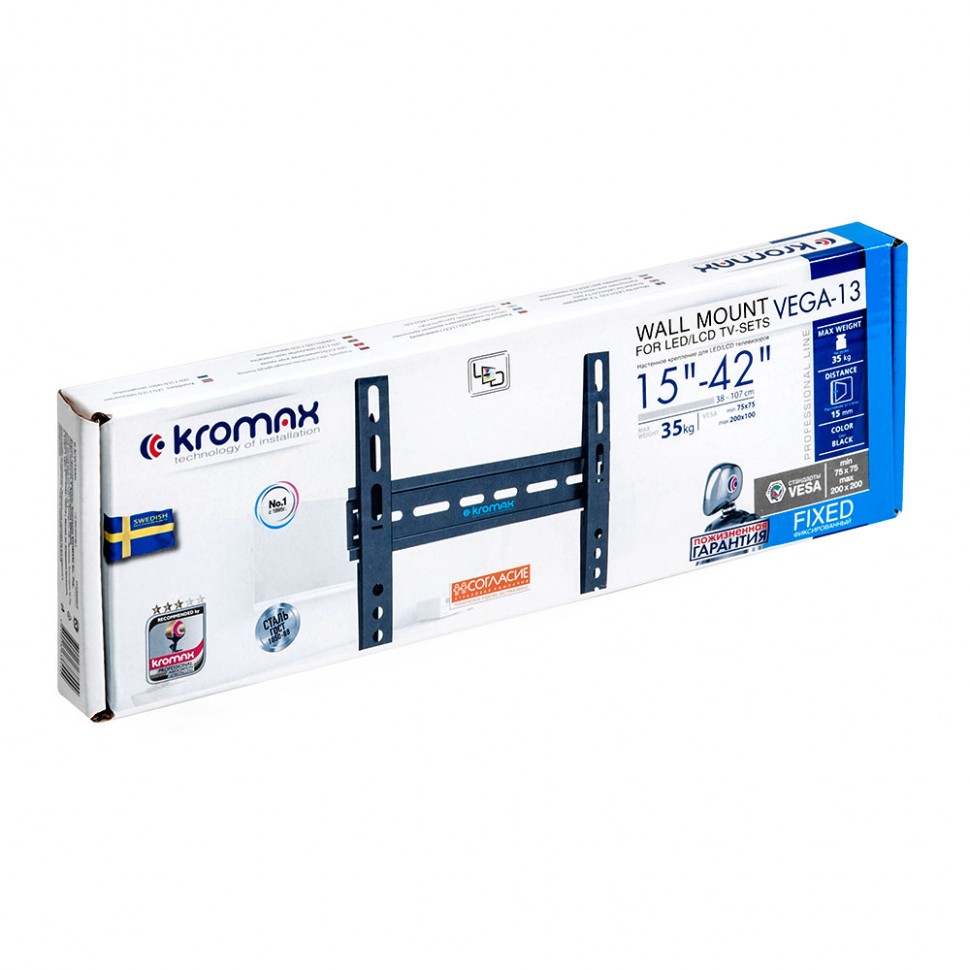 Кронштейн ТВ Kromax Vega-13,настенный, фикс.,15"-42",35кг,черный